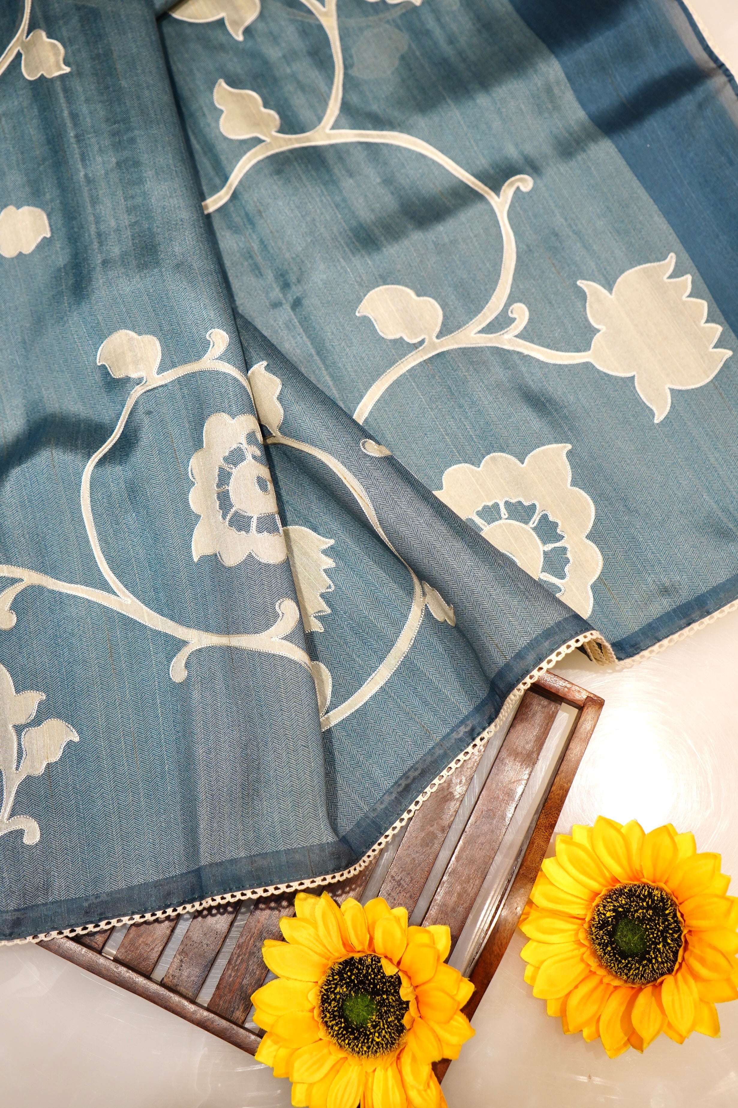 Ice Blue Cotton Silk Katha Work Saree – Vandana Sarees