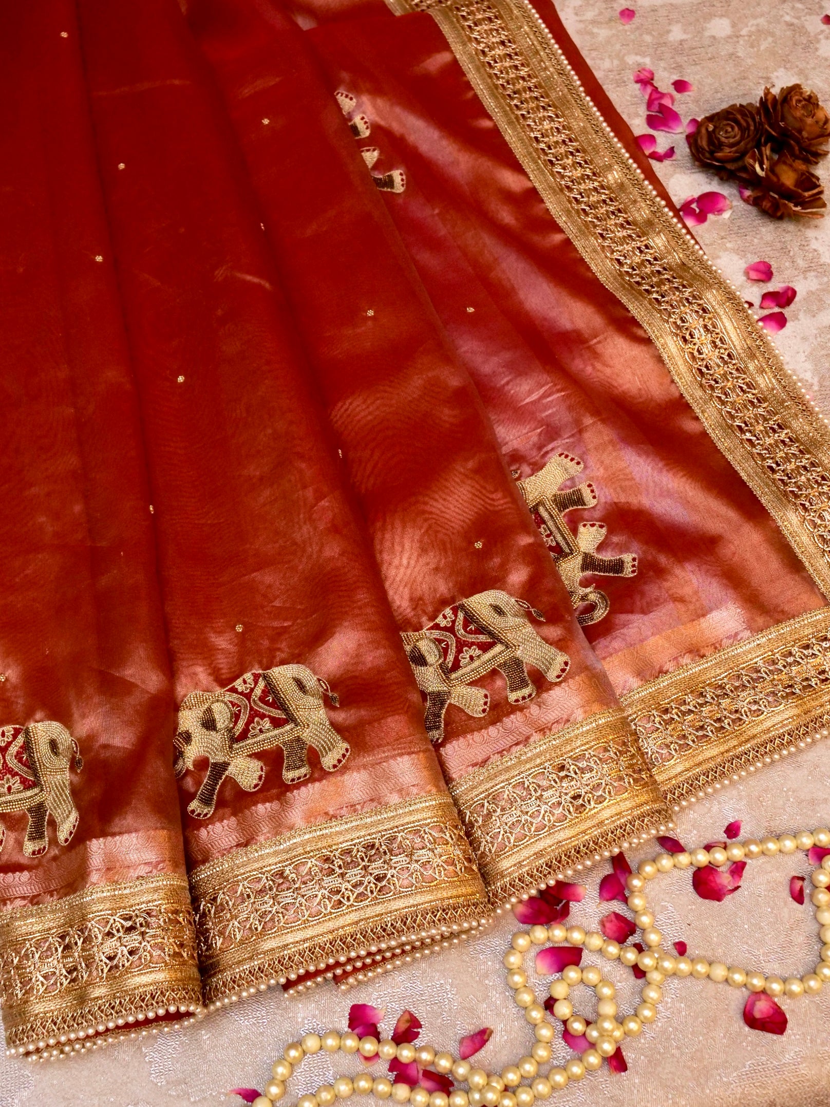 Elephant Motifs Banarasi Maharani Tissue Silk Saree with Hand Embroide ...