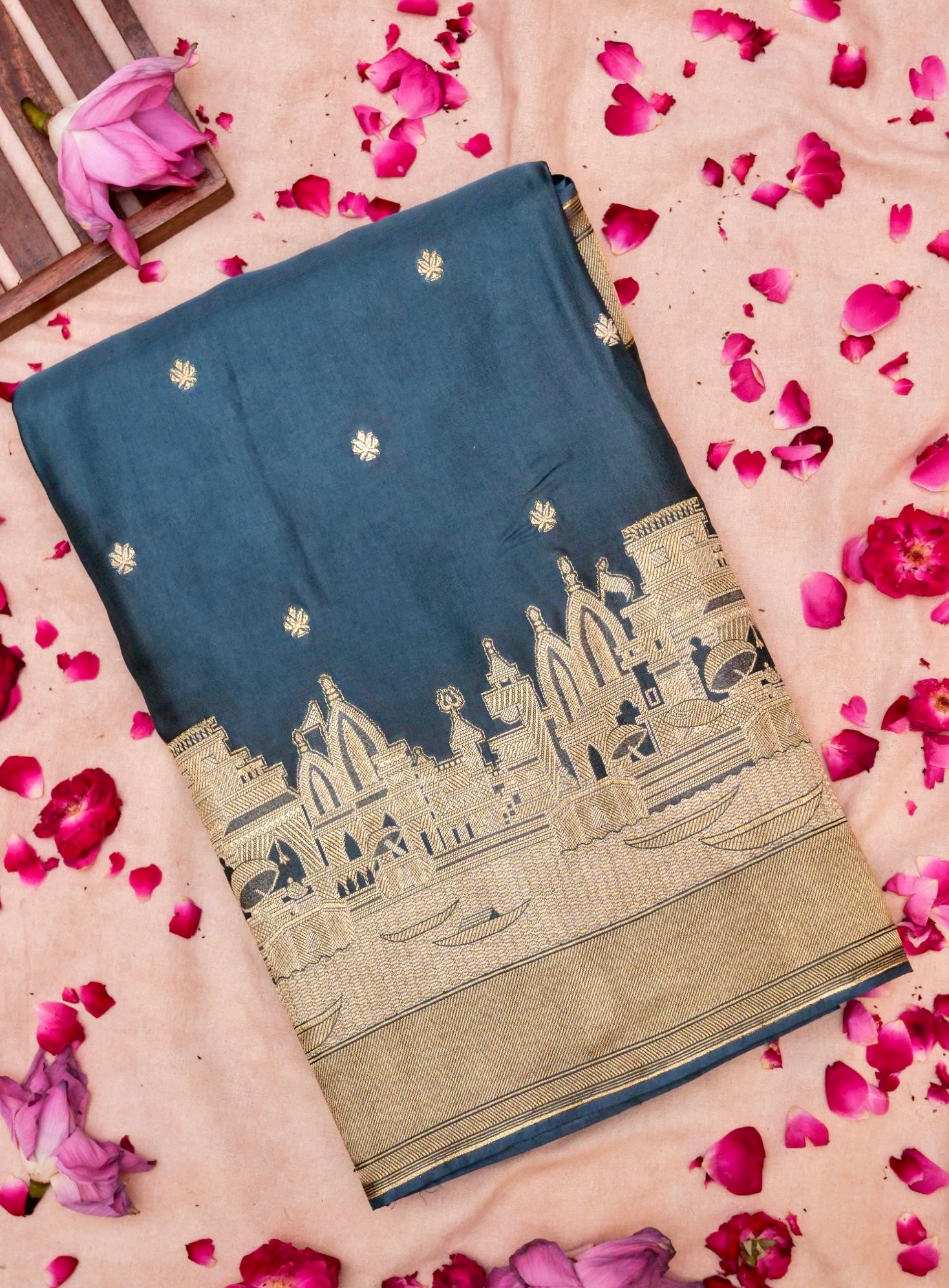 Pride of Kashi Handloom Charcoal Mashru Silk Saree with Traditional Ba ...